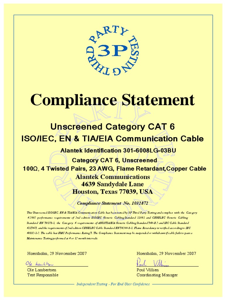 Alantek CAT 6 Compliance Testing Report | PDF | Telecommunications ...