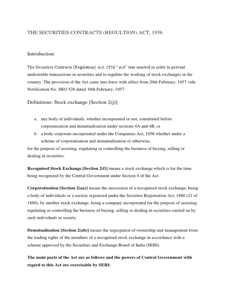 The Securities Contracts (Regultion) Act, 1956 | PDF | Securities ...