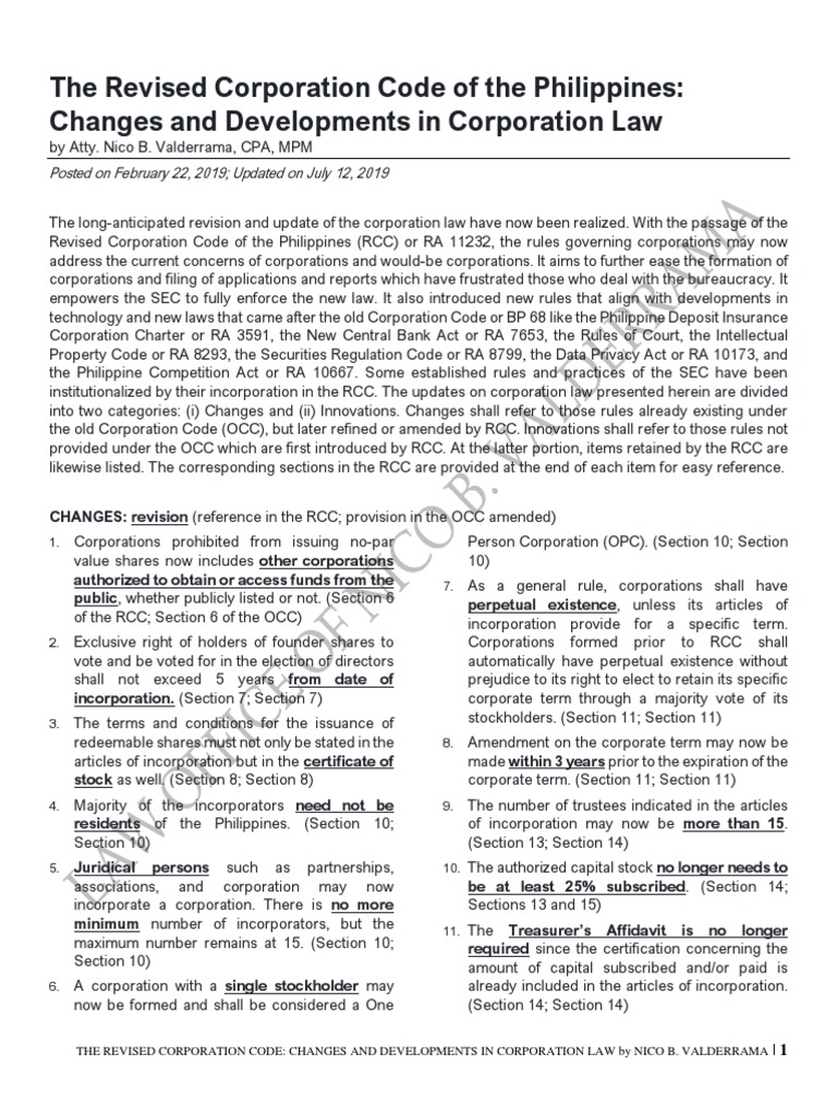 The Revised Corporation Code of The Philippines: Changes and ...