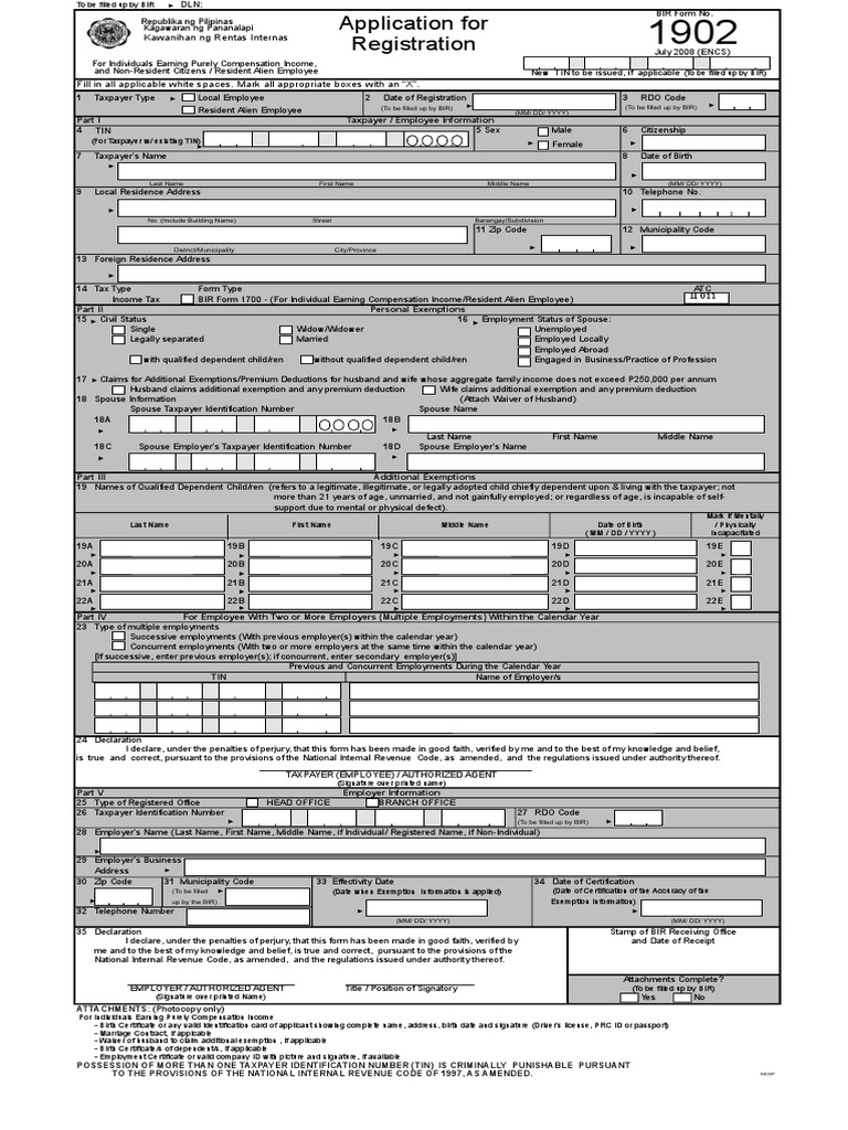 BIR FORM 1902 - Application For Registration | PDF | Identity Document ...