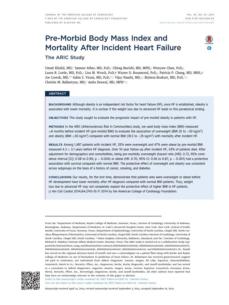 Pre-Morbid Body Mass Index and Mortality After Incident Heart Failure ...