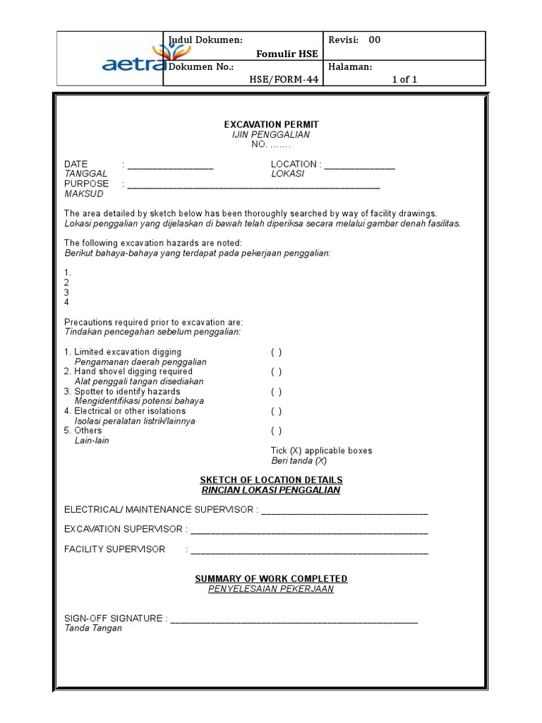 44 Formulir Ijin Kerja Penggalian | PDF