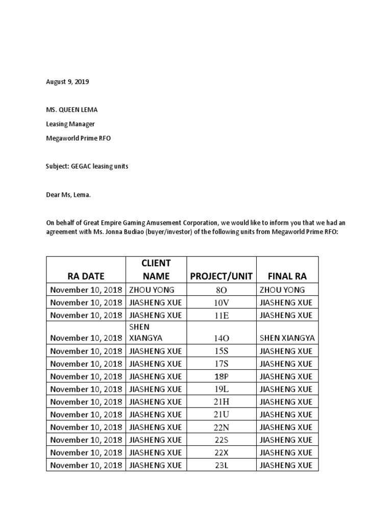 GEGAC Request Letter | PDF | Lease | Private Law