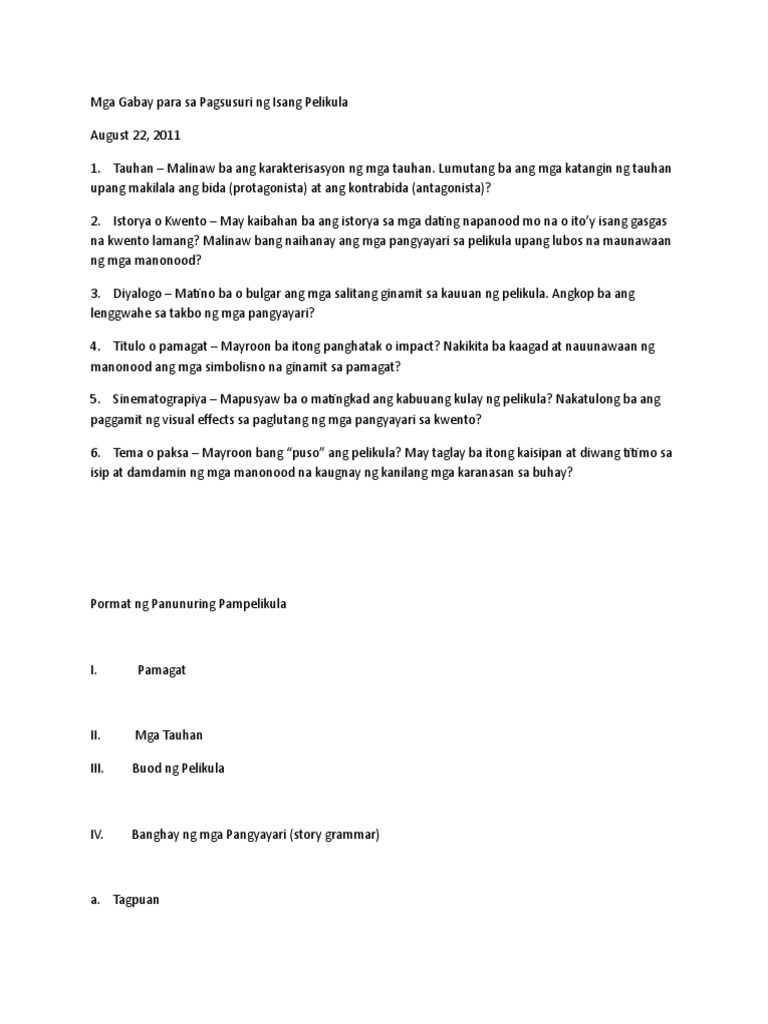 Mga Gabay para Sa Pagsusuri NG Isang Pelikula | PDF