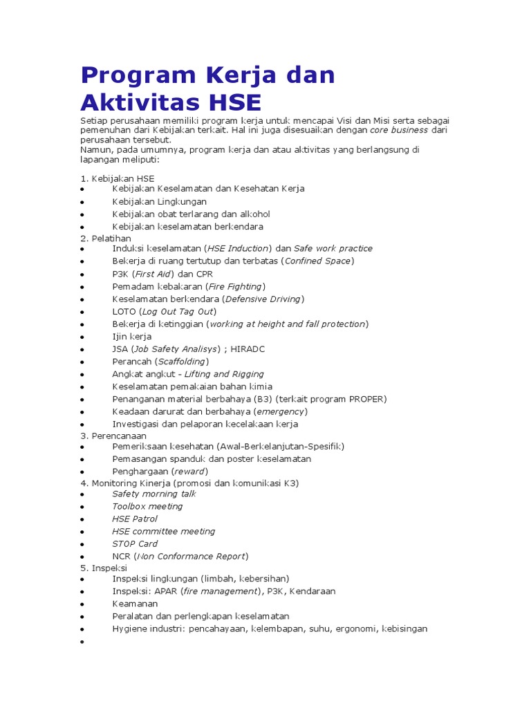 Program Kerja Dan Aktivitas HSE | PDF