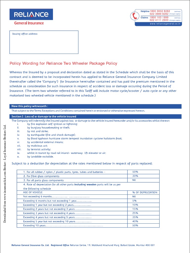 Reliance Two Wheeler Insurance Policy Wording PDF | PDF