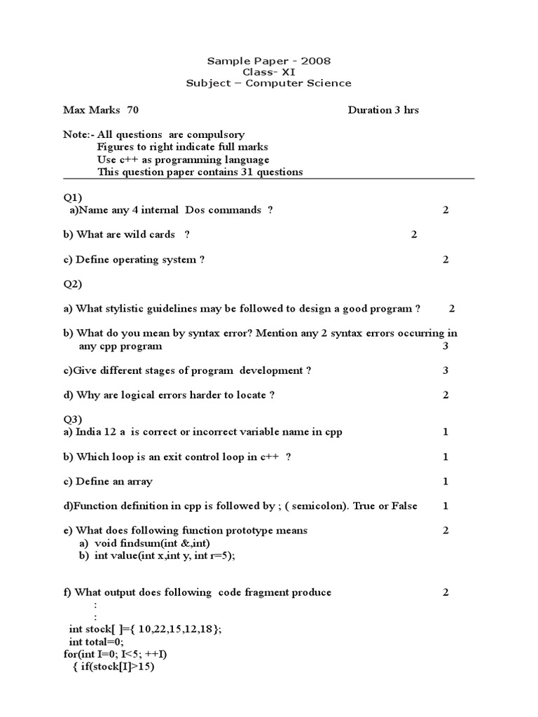 Sample Paper - 2008 Class-XI Subject - Computer Science | PDF | Integer ...