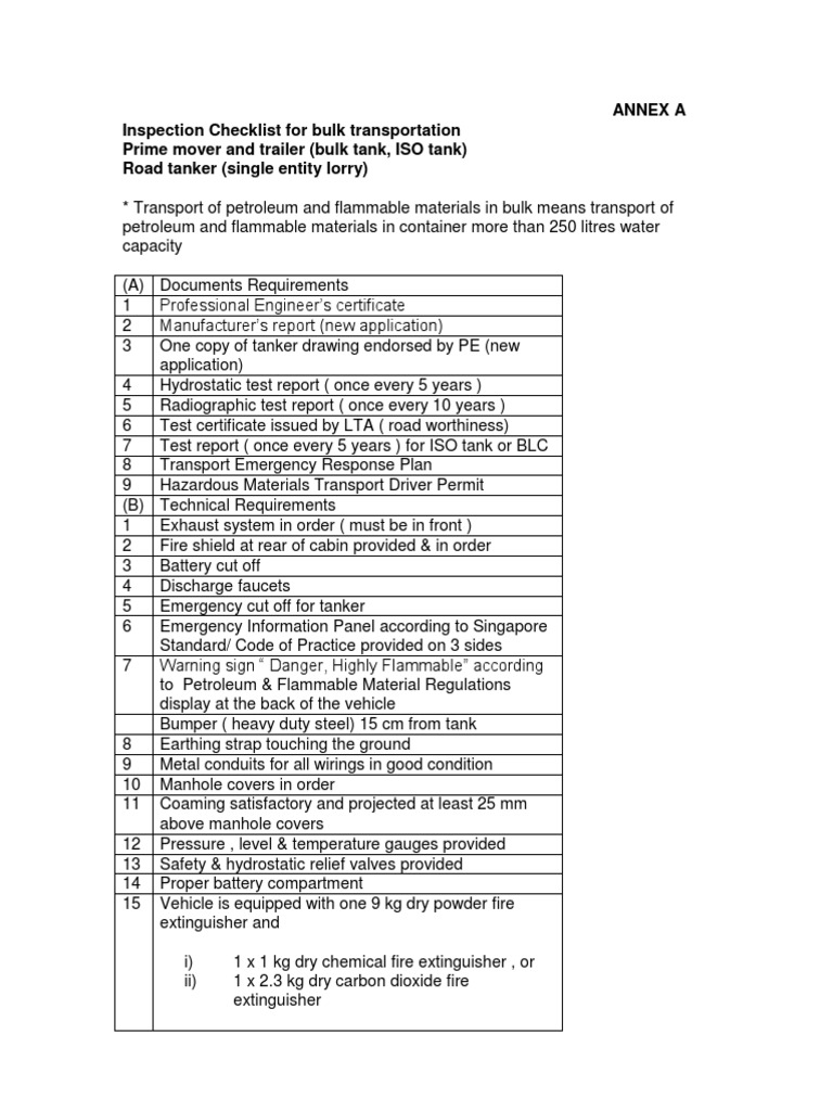Annex A Inspection Checklist For Bulk Transportation Prime Mover and ...