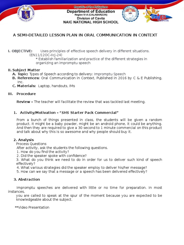 Impromptu Speech | PDF | Lesson Plan | Rubric (Academic)
