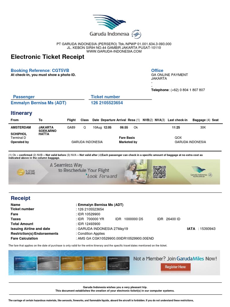 Garuda Indonesia e-ticket receipt | PDF | Dangerous Goods | Business