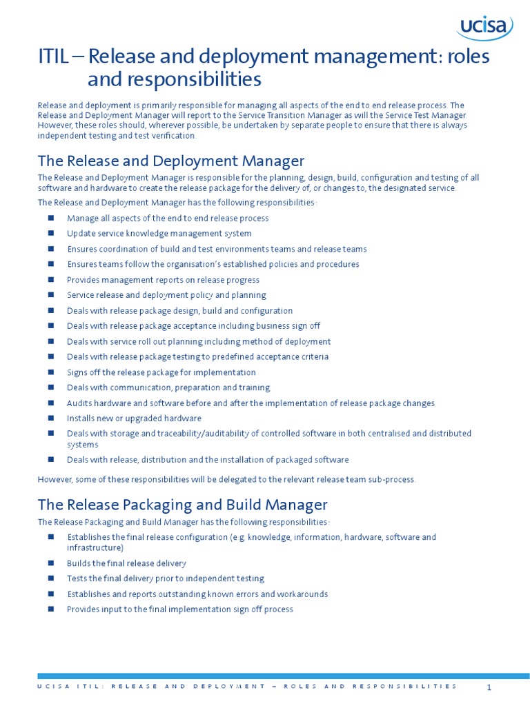 ITIL - Release and Deployment Roles and Resps PDF | PDF | Itil ...