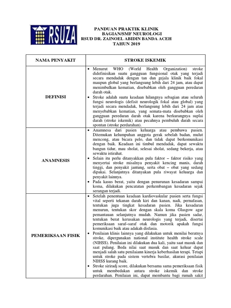 Panduan Praktik Klinik Stroke Iskemik di RSUD Dr. Zainoel Abidin Banda Aceh | PDF