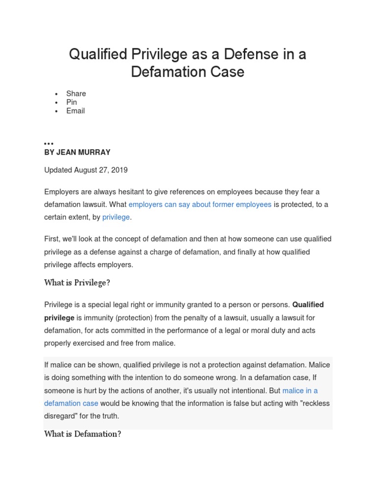 Qualified Privilege As A Defense in A Defamation Case | PDF ...