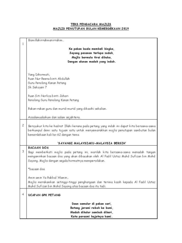 Teks MC Majlis Penutupan Merdeka | PDF