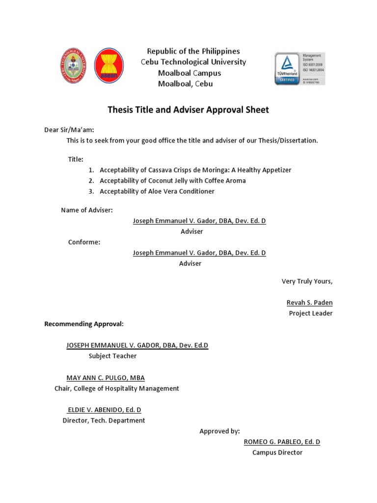 Thesis Title and Adviser Approval Sheet | PDF | Cuisine | Eating Behaviors Of Humans