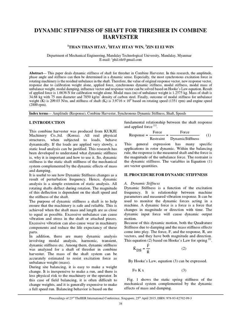 Dynamic Stiffness of Shaft For Thresher in Combine Harvester | PDF ...
