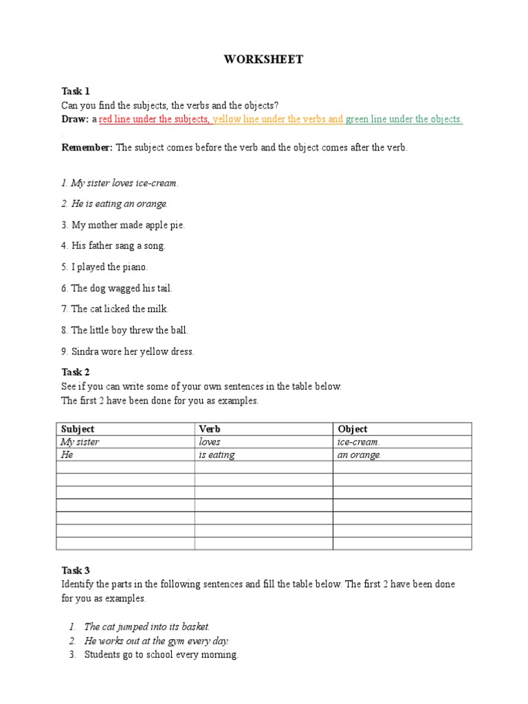 Worksheet Red Line Under The Subjects Pdf Object Grammar Syntax