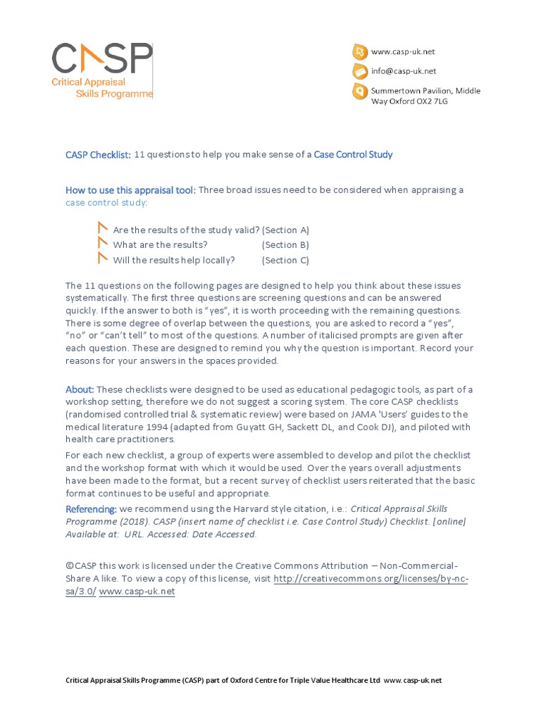 CASP Checklist: Case Control Study How To Use This Appraisal Tool | PDF | Confounding ...