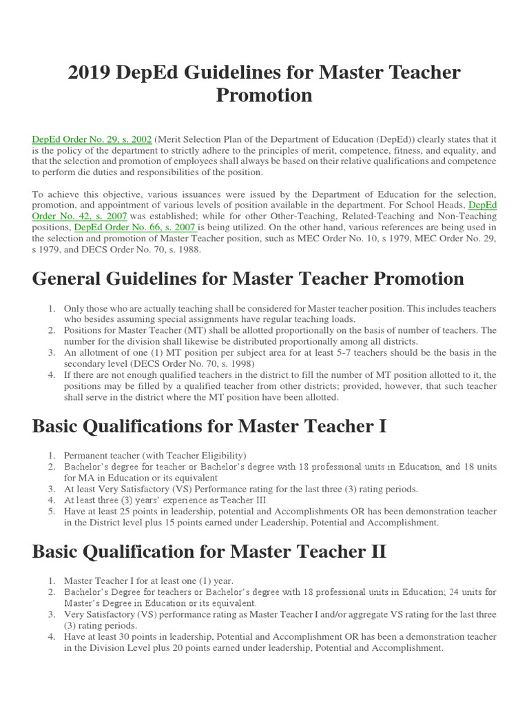 2019 DepEd Guidelines For Master Teacher Promotion | PDF | Academic ...