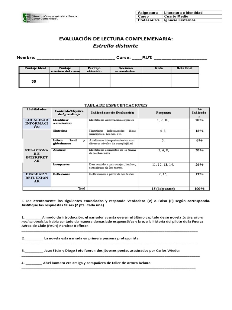 Evaluación de lectura complementaria: Estrella distante | PDF