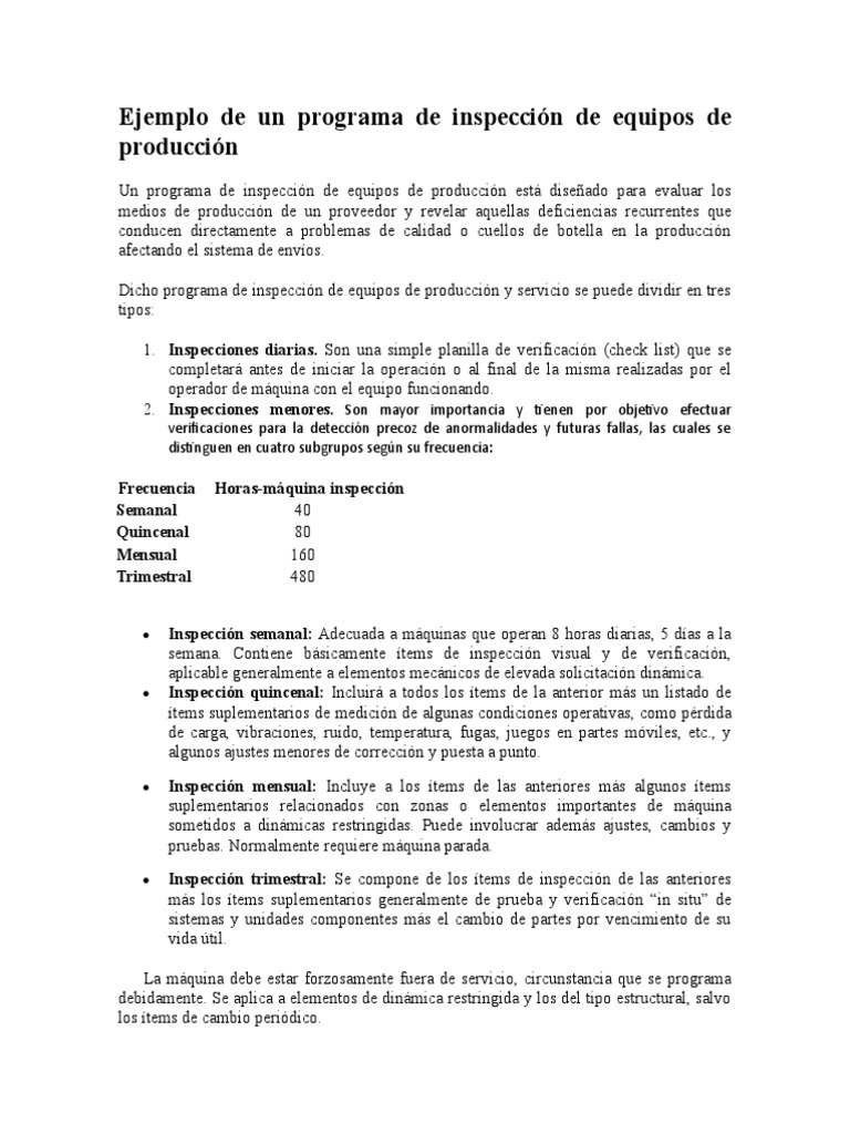 Ejemplo de Un Programa de Inspeccion de Equipos de Produccion | PDF ...