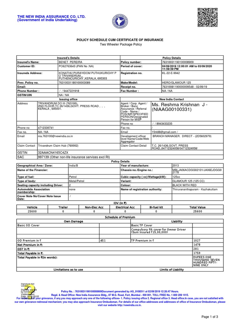 Ms. Reshma Krishnan J - (NIAAG00100331) : The New India Assurance Co ...