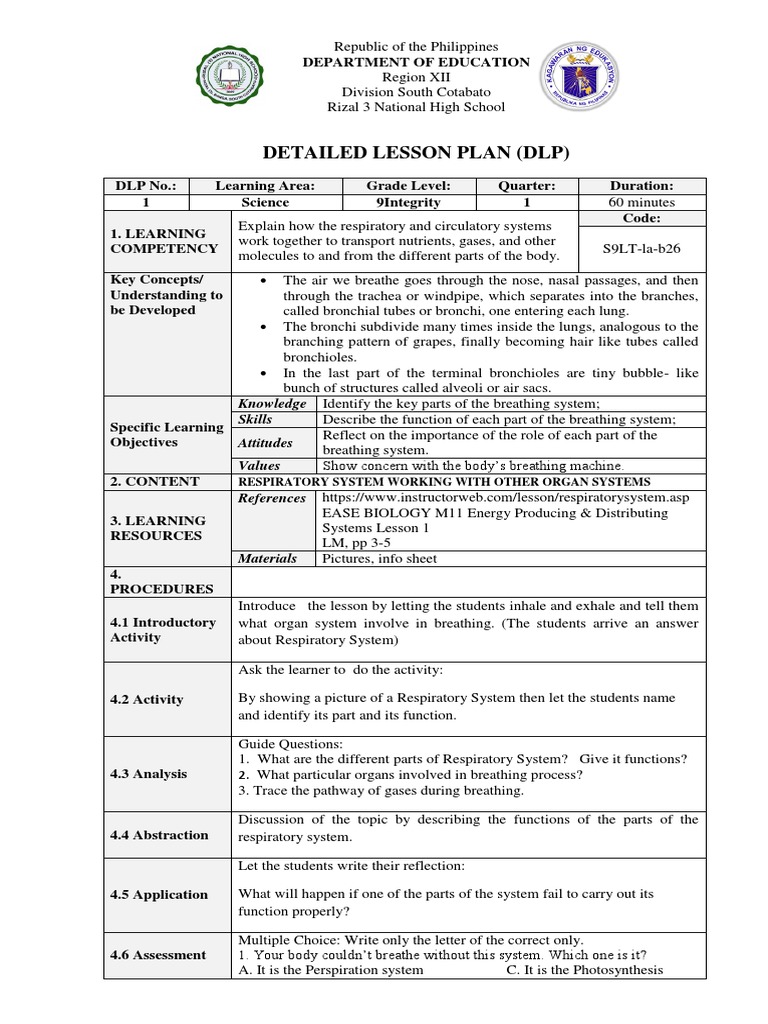 Detailed Lesson Plan (DLP) : Knowledge Identify The Key Parts of The ...