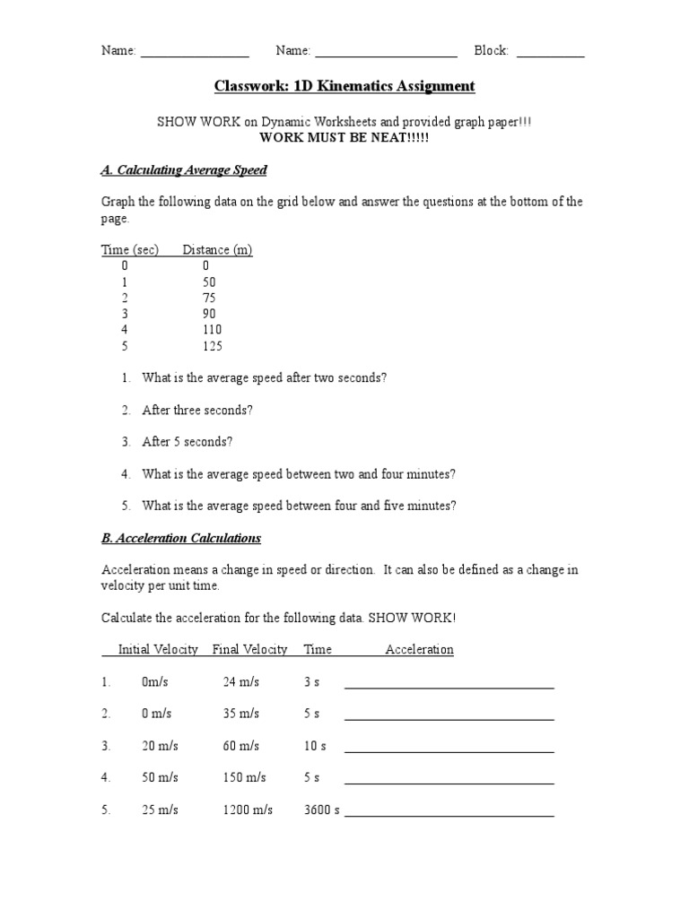 Cw-1d Kinematic Pair Worksheet | PDF | Velocity | Acceleration
