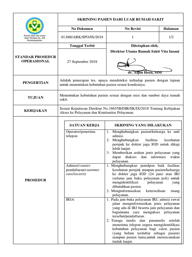 Sop Skrining Pasien Dari Luar Rumah Sakit | PDF | Sains & Matematika