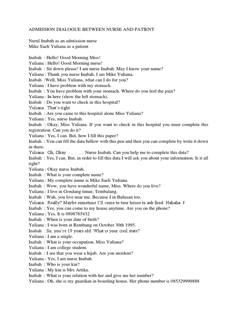 Admission Dialogue Between Nurse and Patient | PDF | Health Care | Medicine