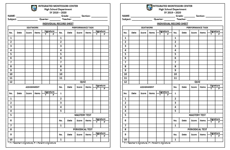 T - Teacher's Signature P - Parent's Signature T - Teacher's Signature ...