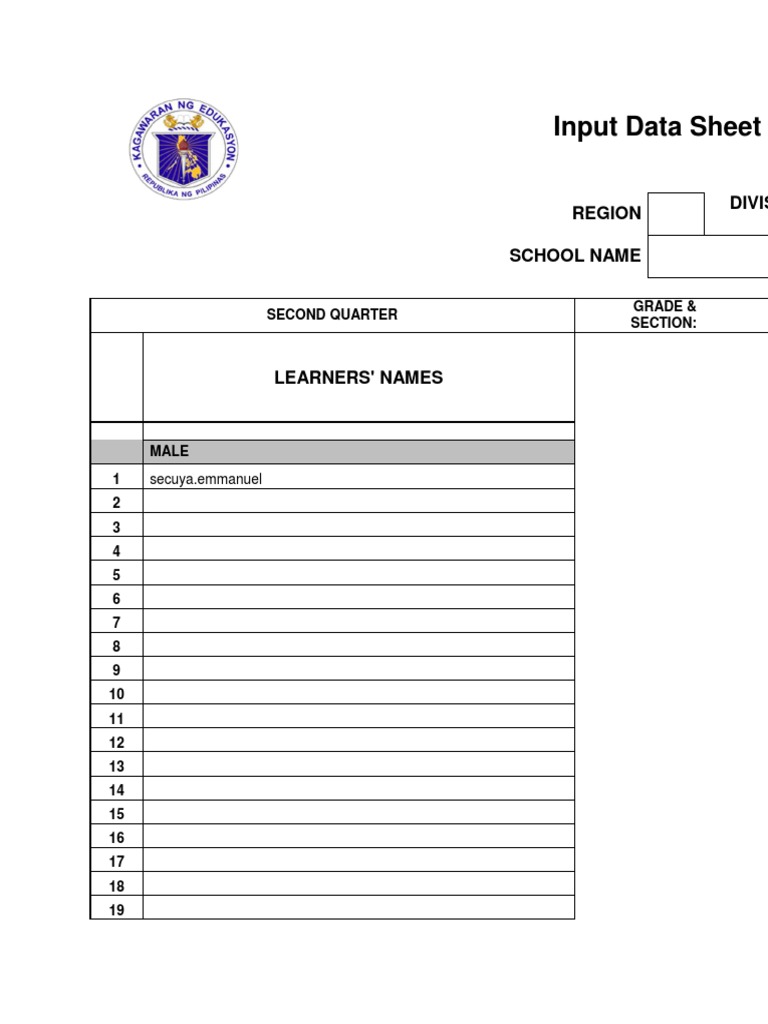 Input Data Sheet For E-Class Record: Region Divisio N School Name | PDF
