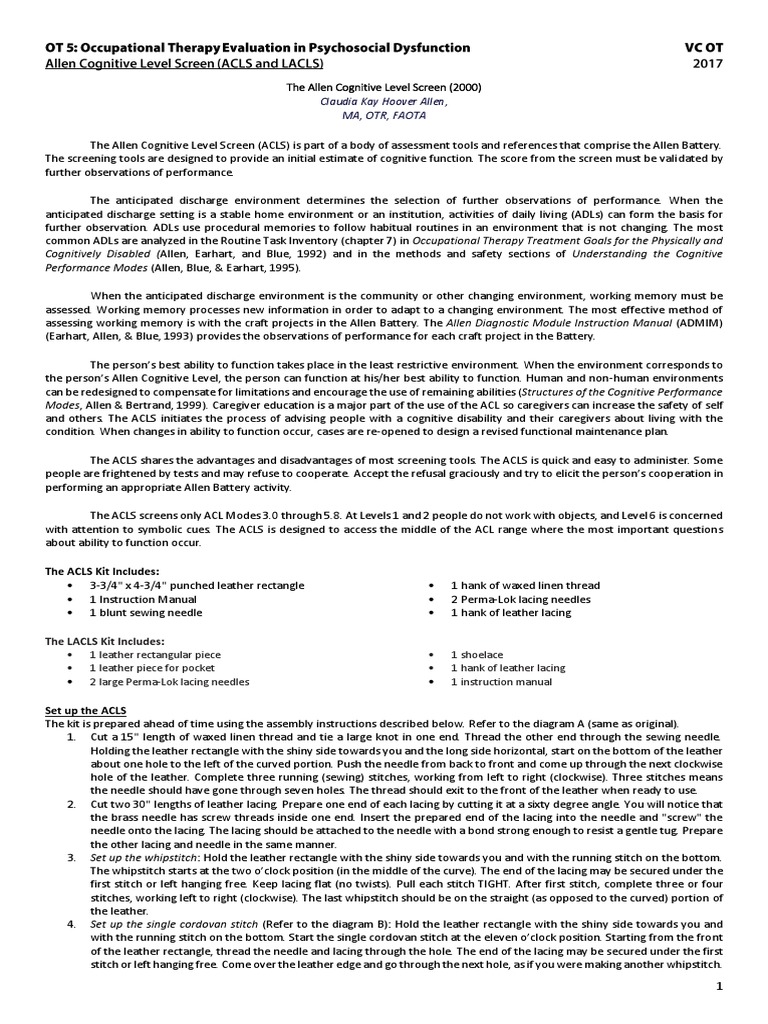 Allens Cognitive Level Screen ACLS and LACLS | PDF | Surgical Suture ...
