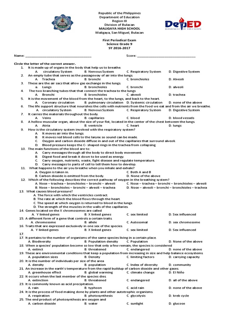 Grade 9 Science Exam | PDF | Lung | Circulatory System