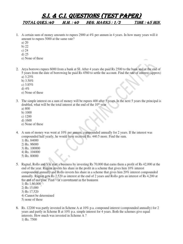 S.I. & C.I. Test | PDF | Interest | Compound Interest