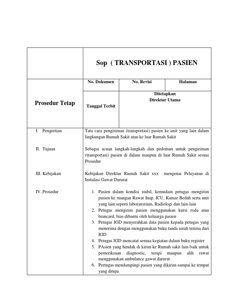 SOP Transportasi Pasien Rumah Sakit | PDF | Kesehatan Holistik