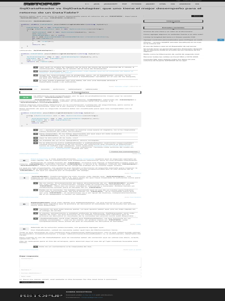 C++ - SqlDataReader Vs SqlDataAdapter - Que Uno Tiene El Mejor Desempeño para El Retorno de Un ...