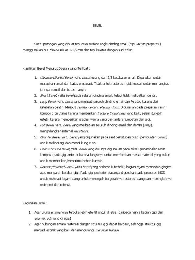 Klasifikasi dan Kegunaan Bevel pada Preparasi Gigi | PDF