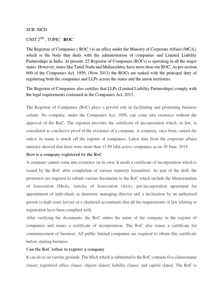 How Is A Company Registered by The Roc | PDF | Board Of Directors ...