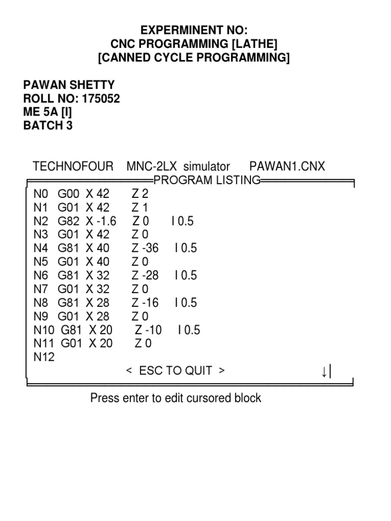 Experminent No: CNC Programming (Lathe) (Canned Cycle Programming ...