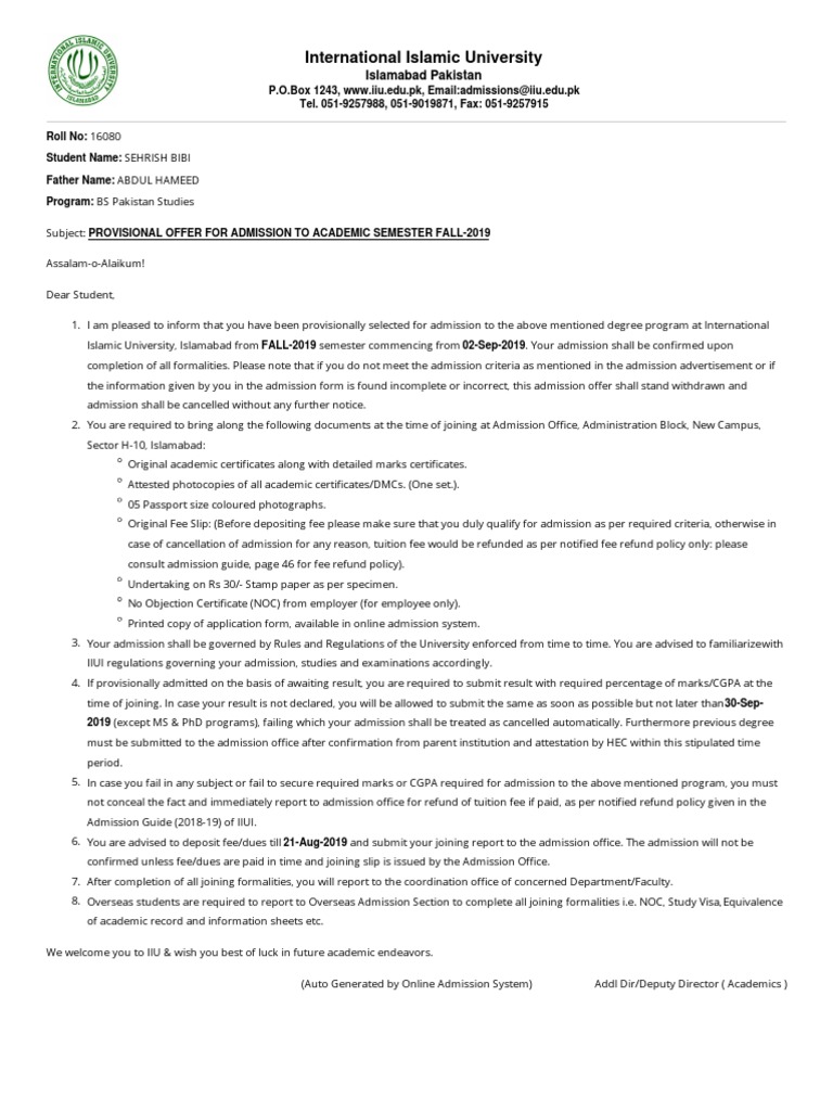 Provisional Offer of Admission to BS in Pakistan Studies Program at ...