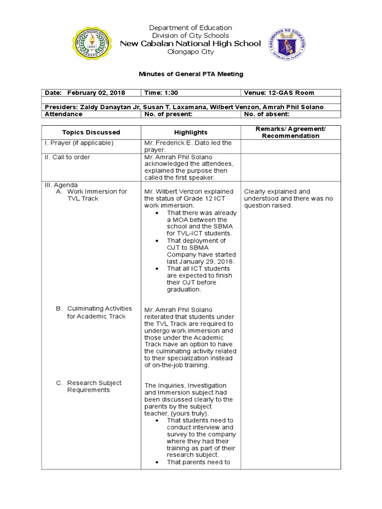 PTA Meeting Highlights | PDF | Learning | Behavior Modification