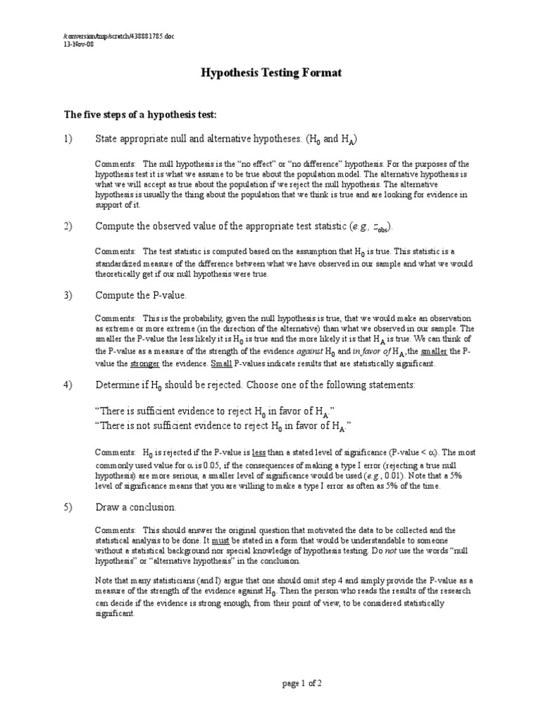 Hypothesis Testing Format (DVB3) | PDF | P Value | Null Hypothesis