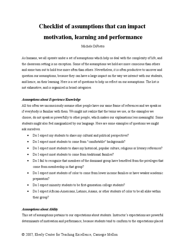 Checklist Assumptions | PDF | Motivation | Motivational