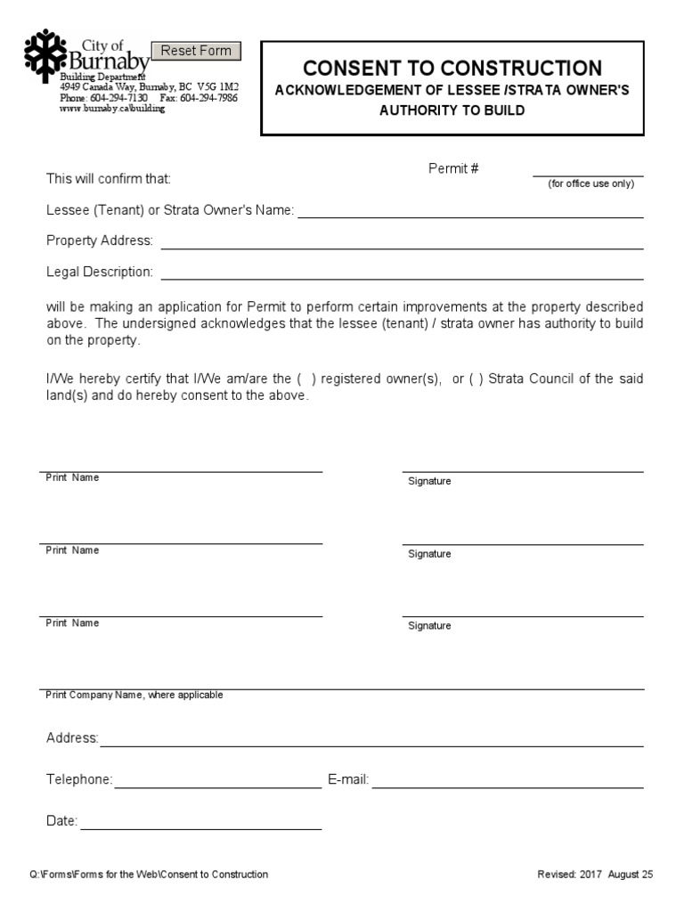 Consent To Construction: Acknowledgement of Lessee /strata Owner'S ...