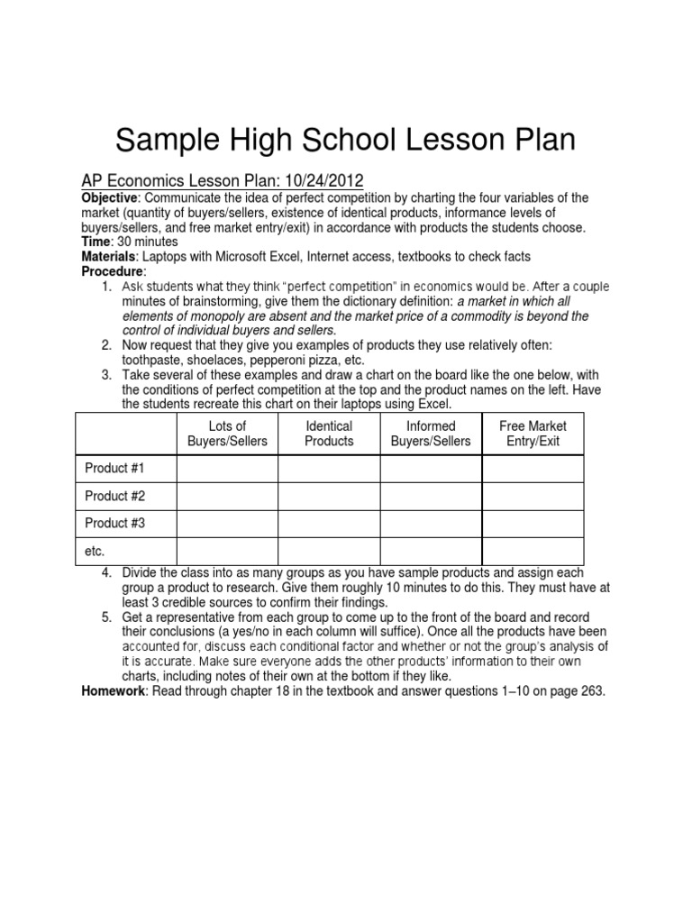 Sample High School Lesson Plan | PDF | Perfect Competition | Market ...