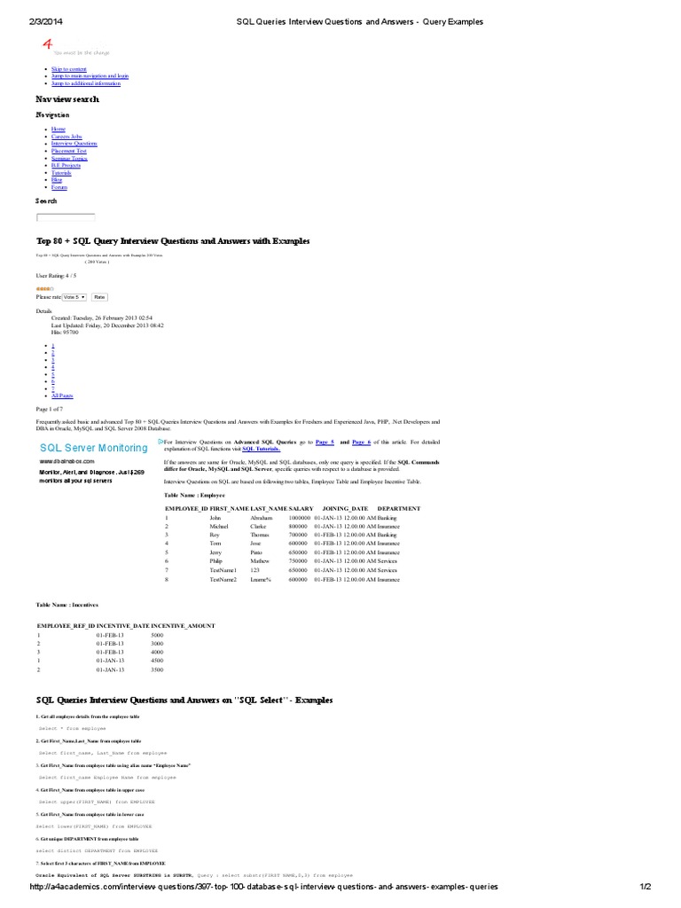 SQL Queries Interview Questions and Answers - Query Examples | Download Free PDF | Databases | Sql