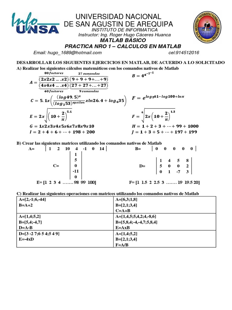 Practica 1 - Matlab Básico | PDF | Enseñanza de matemática | Informática y tecnología de la ...