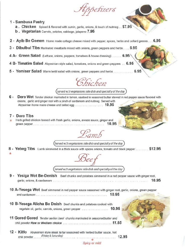 Menu For Abyssinian Ethiopian Restaurant 100D Main ST., Middletown ...
