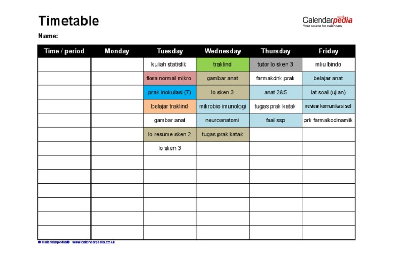 Timetable Monday To Friday in Colour | PDF | Science & Mathematics